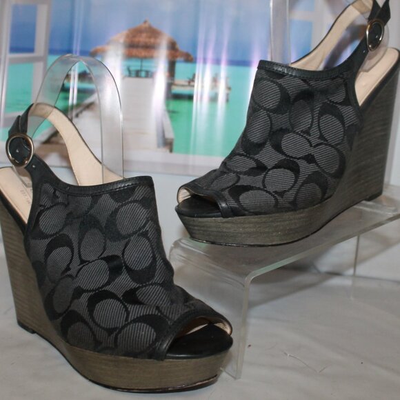 Coach | Shoes | Coach Graphiteblack Signature Fabric Janet Wedge Heel ...
